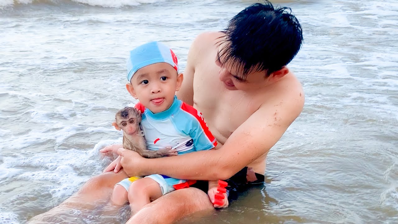 Monkey Puka and baby Khang go to the beach with Dad - YouTube