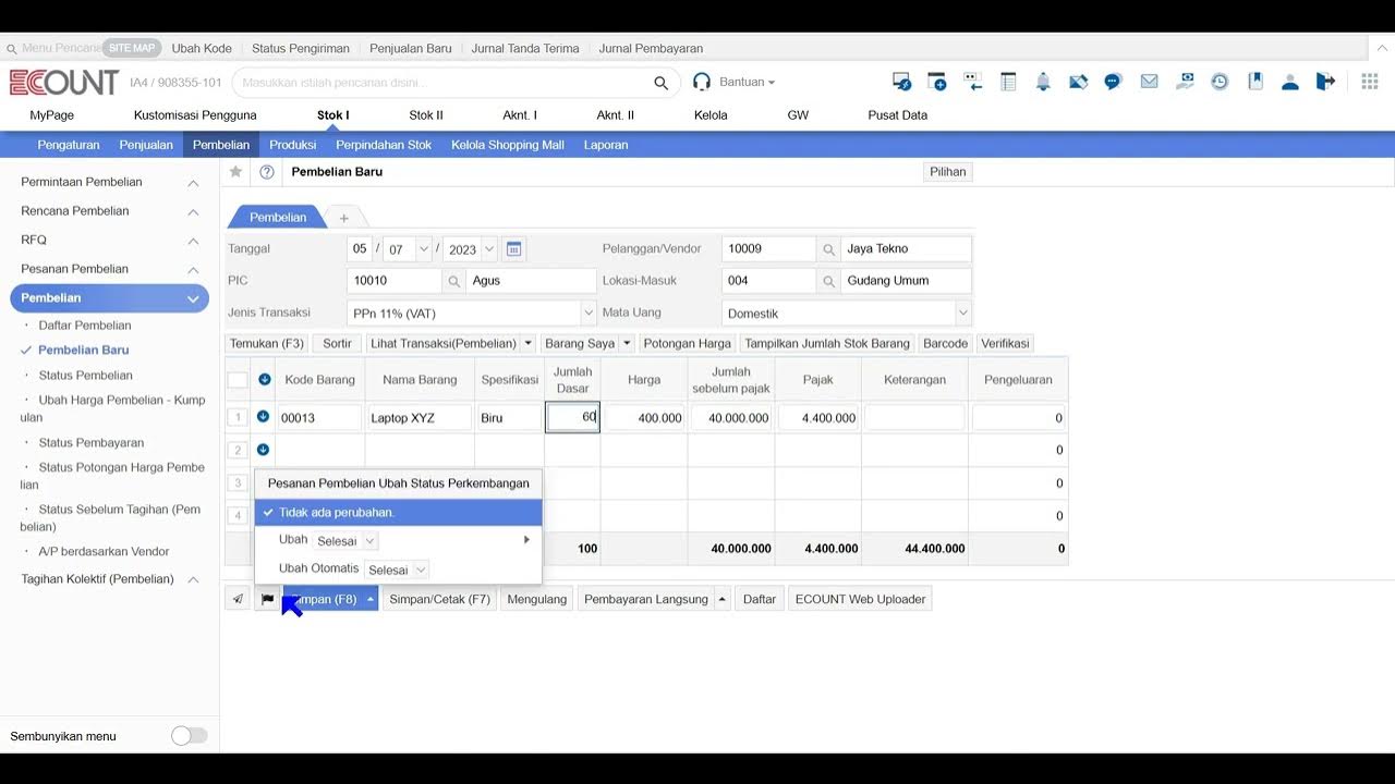 [Ecount Latihan] Stok1 - Pembelian - Pembelian Baru - YouTube