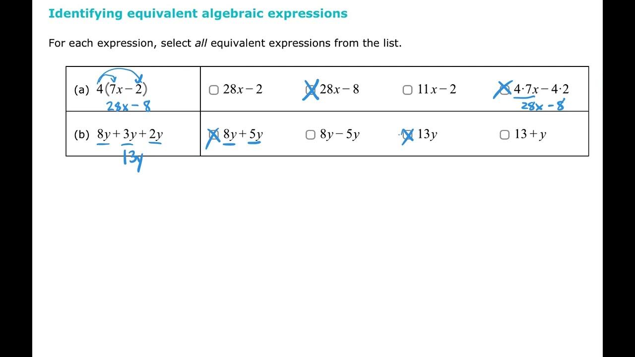 Identifying equivalent algebraic expressions (ALEKS examples) - YouTube