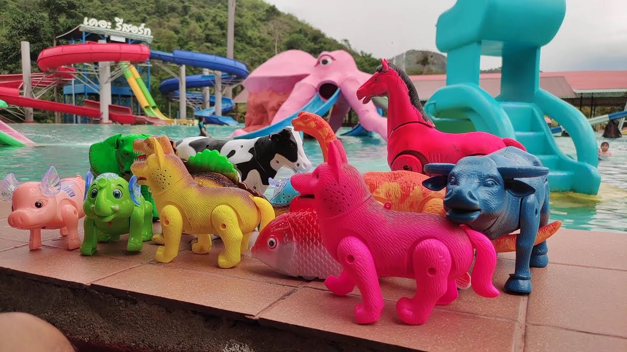 AZA555 | สัตว์ของเล่นริมขอบสระ หมาน้อย ช้าง วัว ควาย หมู pig cow ...