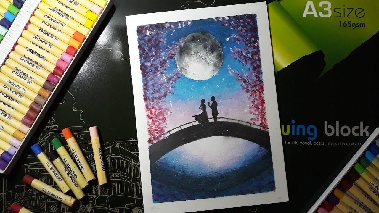 Easy Oil Pastel Drawing Step By Step - Couple On The Bridge In The ...