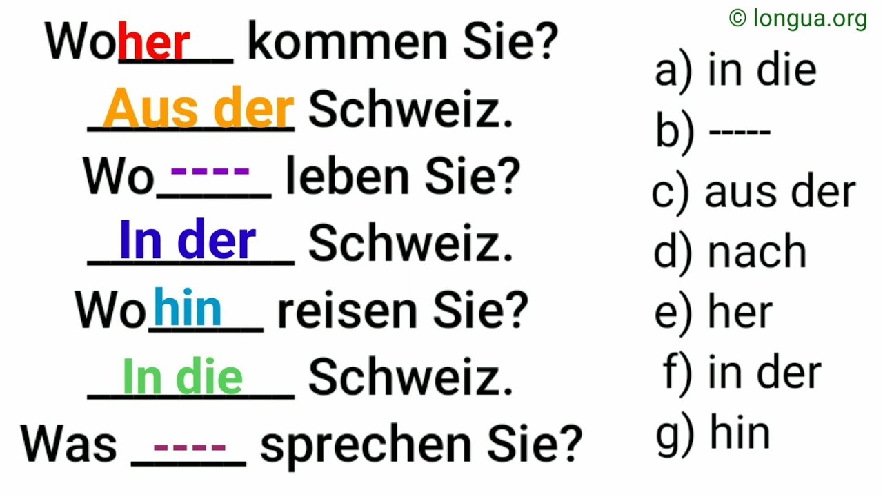 Woher, wo, wohin, Präpositionen, in, nach, zu, aus, die Schweiz, Berlin ...