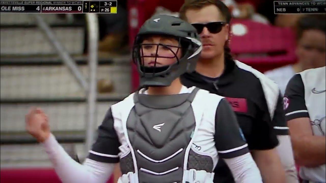 Arkansas C Kennedy Miller hurt in home plate collision w Ole Miss C Lexie Brady; Miller exits ...