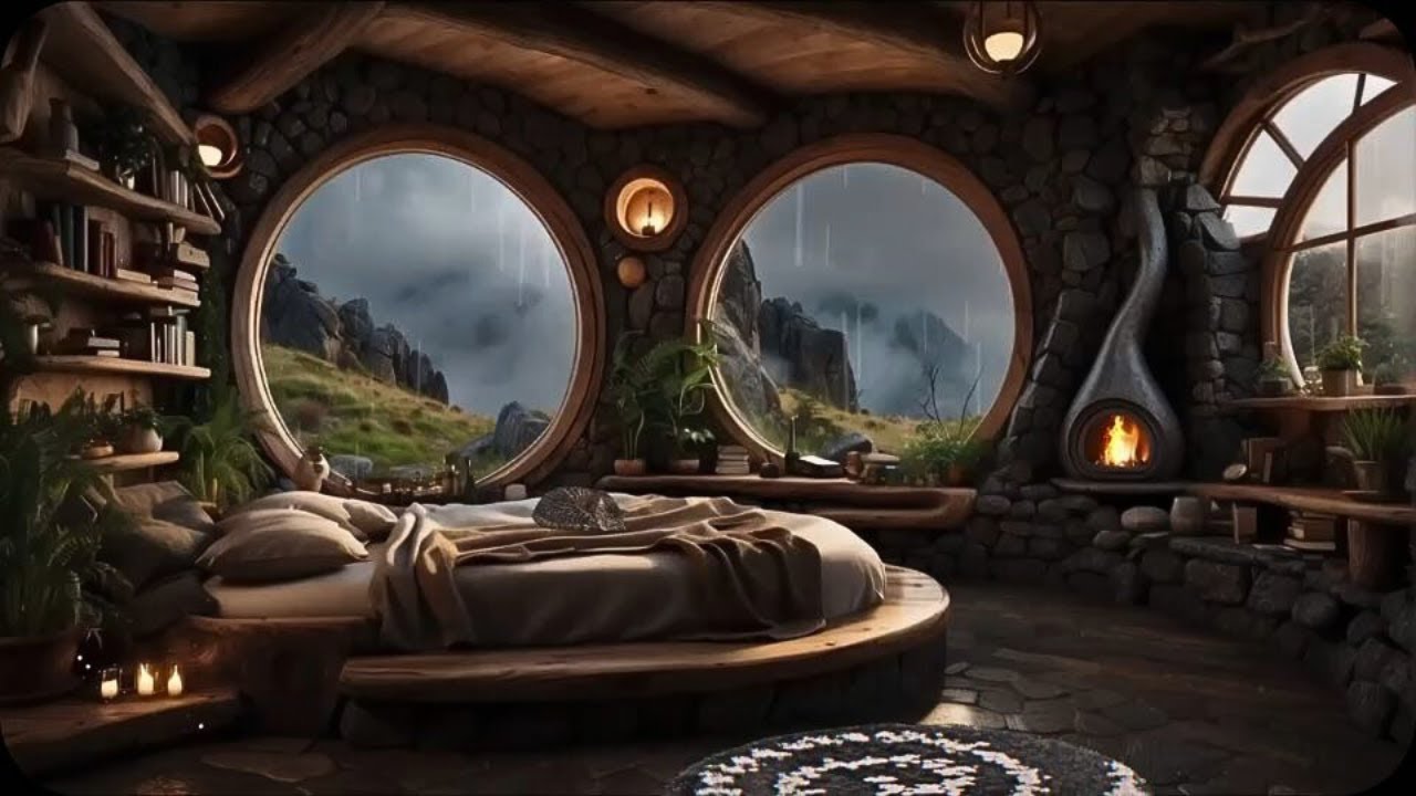 Cozy Hobbit Bedroom Ambience | Fireplace, Rain, Thunder & Occasional ...