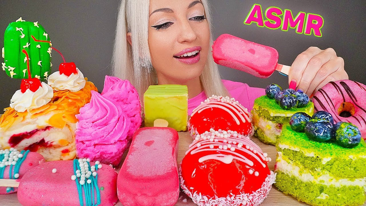 Asmr Eating Pink And Green Food Ice Cream Cake Donut Marshmallow