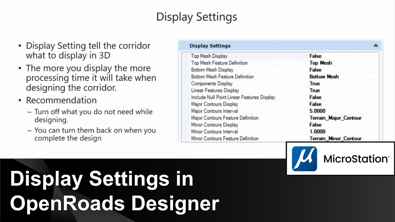Corridor Performance Best Practices 02: Display Settings in OpenRoads Designer - YouTube