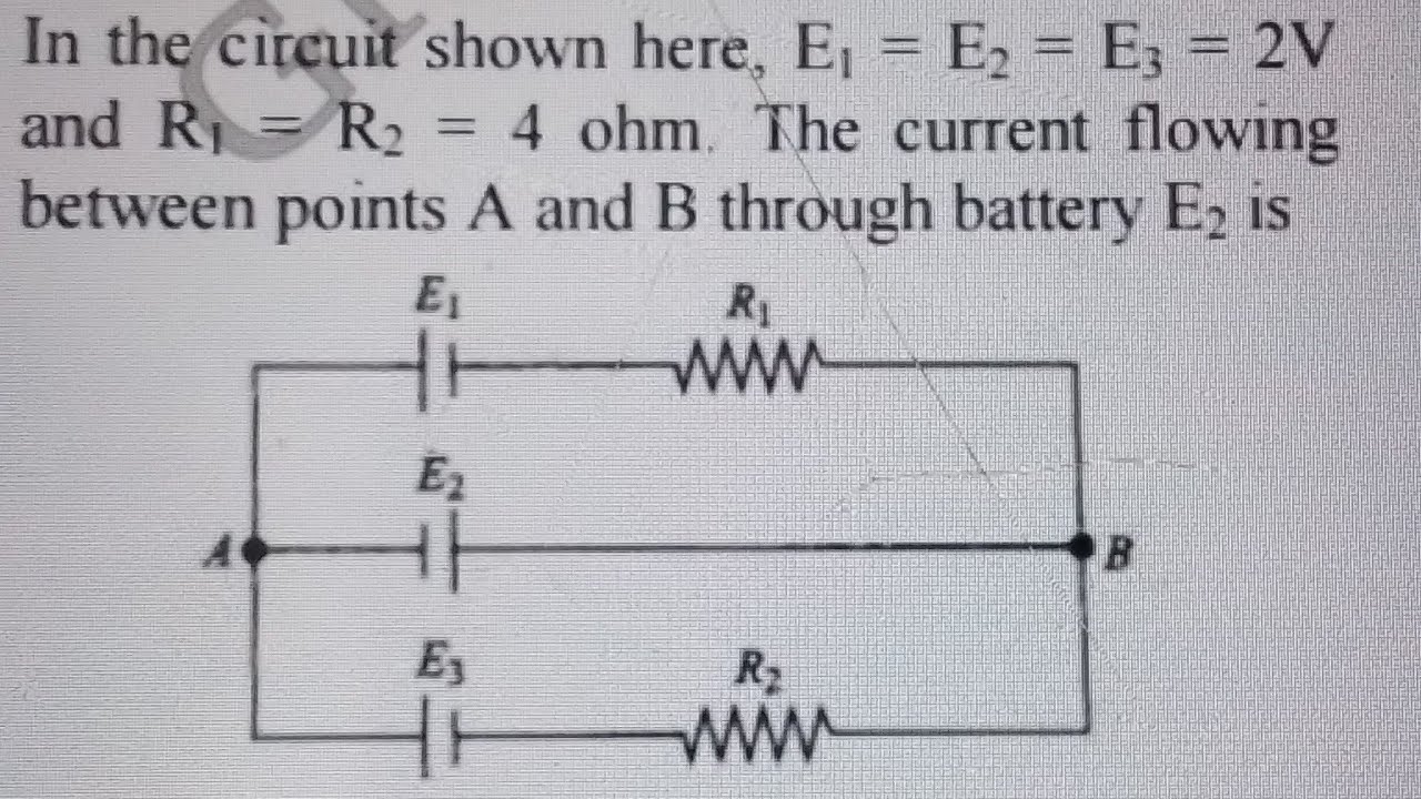 In the circuit shown here , E1=E2=E3=2V and R1=R2=4 ohm. The current ...