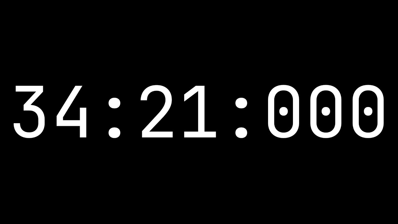 Countdown timer 34 minutes, 21 seconds [34:21:000] - White on black ...