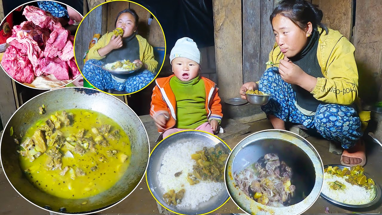 We are enjoying buff curry & rice ||Jina cooking buff curry for family ...