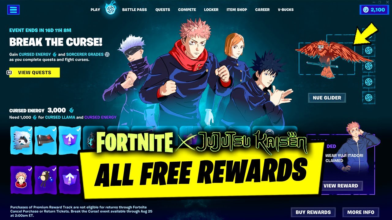 Fortnite X JUJUTSU Kaisen Mini Battle Pass Review (ALL FREE REWARDS ...