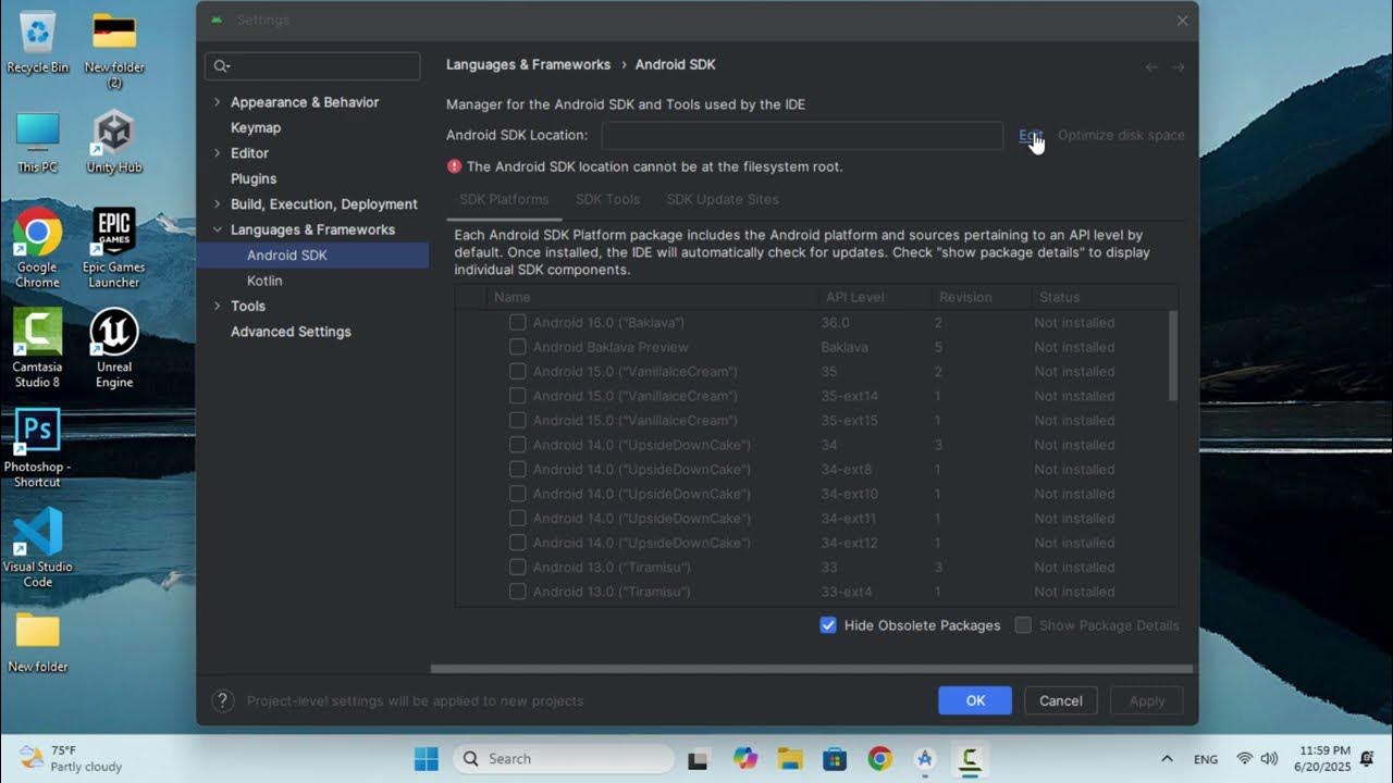 Fix The Android SDK Location cannot be at the filesystem root in Android Studio - YouTube