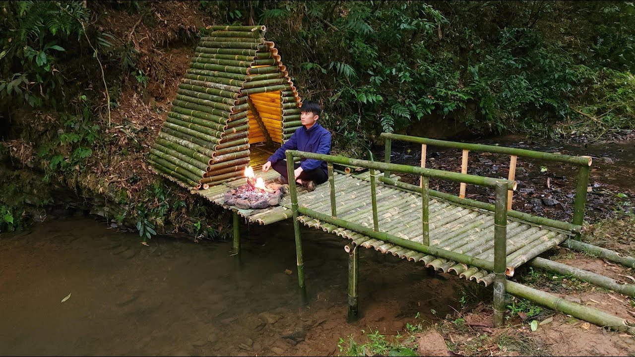 Survival Camping - Build Bamboo Tent by the Stream, Collect Stream ...