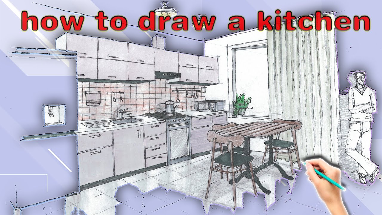 how to draw the kitchen : Drawing a kitchen for beginners by 2-point ...