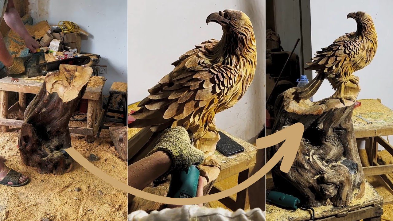 WoodCarving: Beautiful Eagle makes Wooden Man - Eagle Woodcarving - YouTube