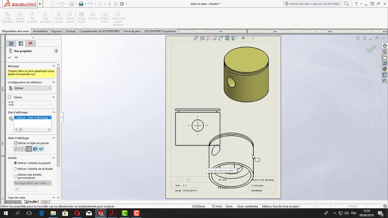 SolidWorks Tutorial : Tuto1.3 Piston_Mise en plan - YouTube