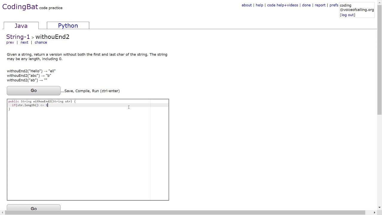 String 1 (withoutEnd2) Java Tutorial || Codingbat.com - YouTube