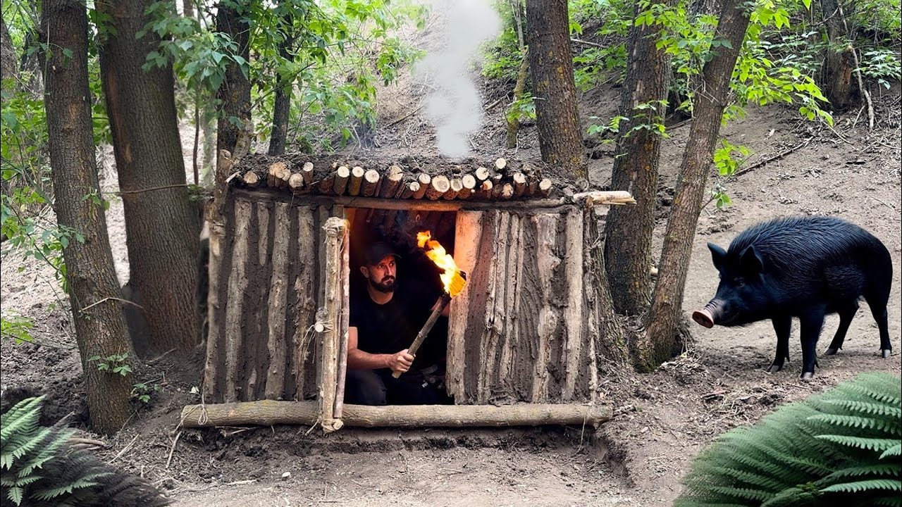 Building a primitive survival shelter escaping from a wild boar - YouTube
