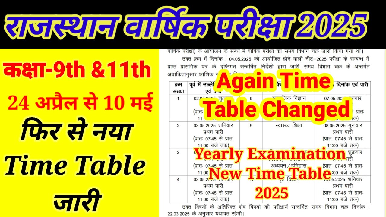 RBSE वार्षिक परीक्षा फिर से नया टाइम टेबल 2025 || कक्षा 9th & 11th का ...