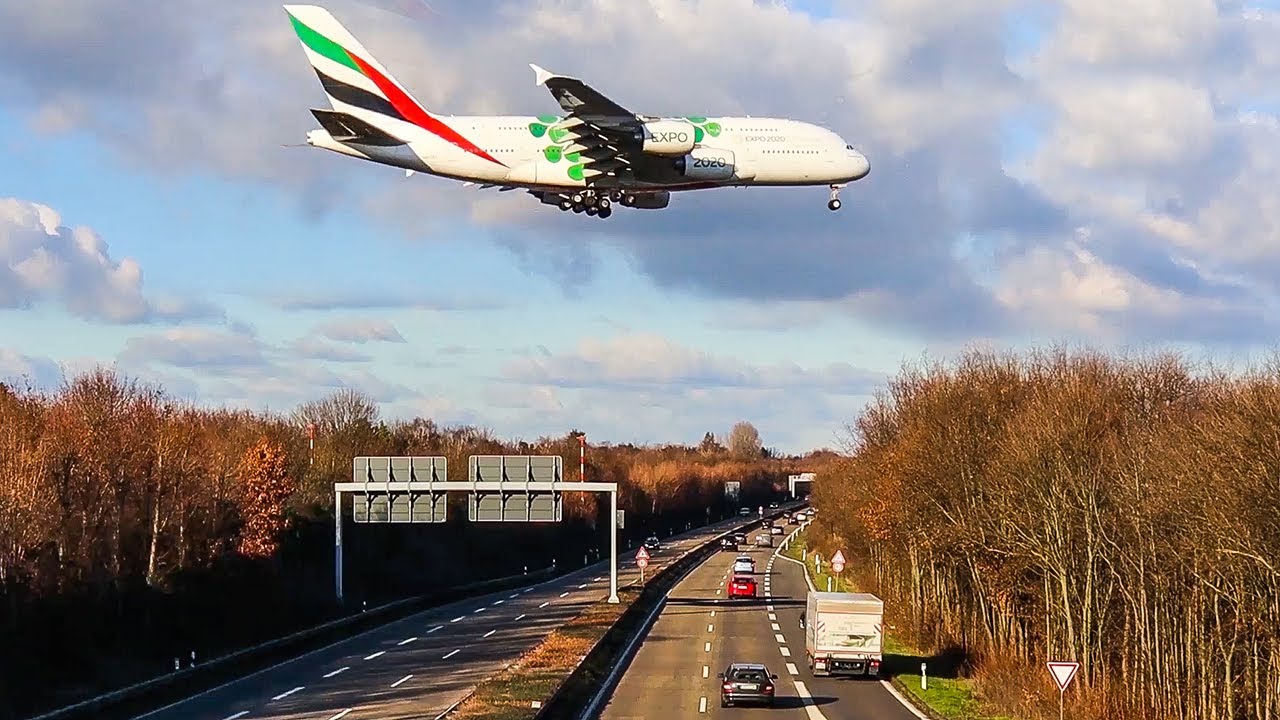 AIRBUS A380 LANDING above the MOTORWAY + A380 DEPARTURE (4K) - YouTube