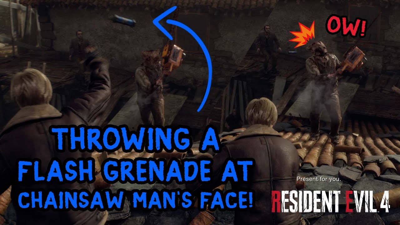 Resident Evil 4 Remake: Throwing a Flash Grenade at Chainsaw Man's face ...