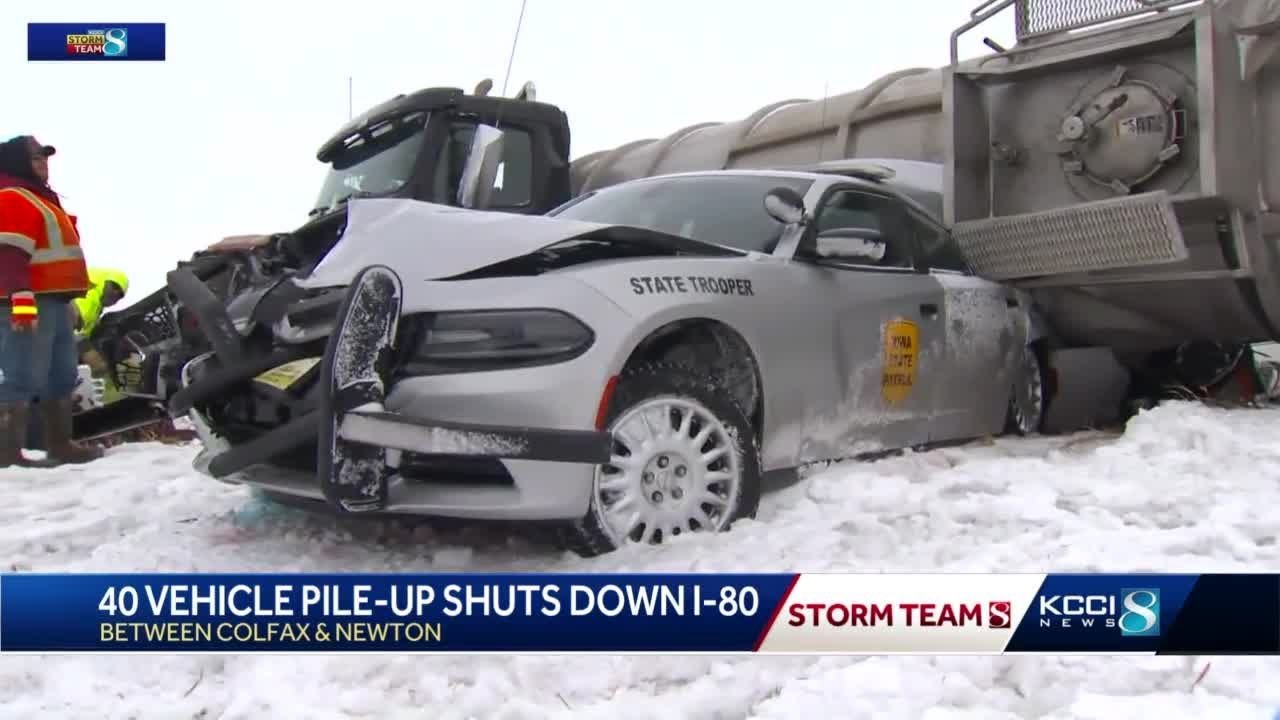 Miles-long crash involving 40 vehicles closes I-80 near Newton - YouTube