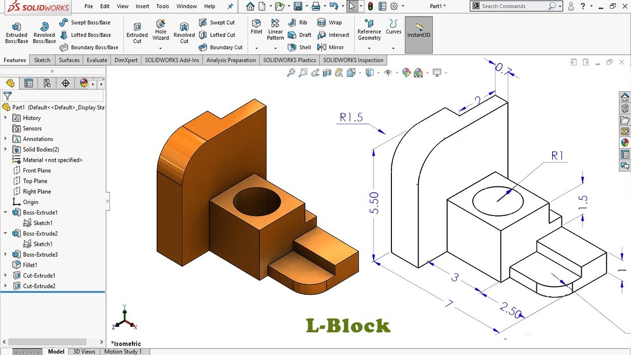 Solidworks Tutorial: Exercise #9 (L-Block) - YouTube