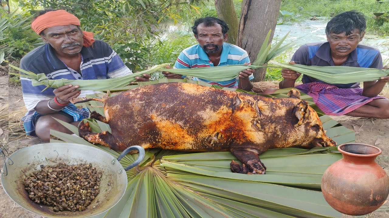 Indian tribe people cooking full pork with Desi wine 🐖 | cooking full ...