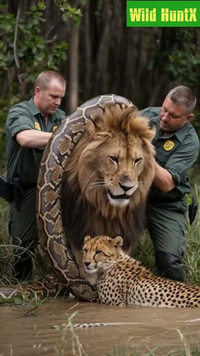 Rescue operators help lion from python attack #animals #ai #rescue # ...