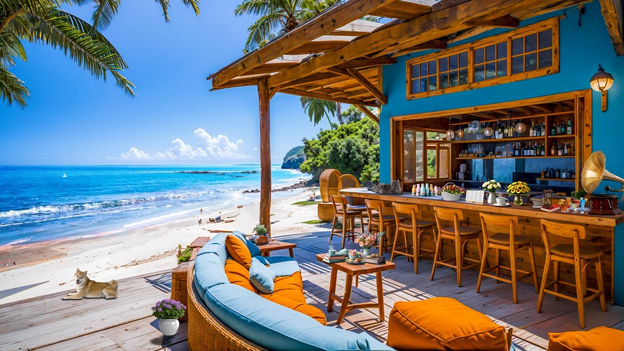 Beach Cafe Ambience with Smooth Morning Jazz, Bossa Nova Music & Ocean ...