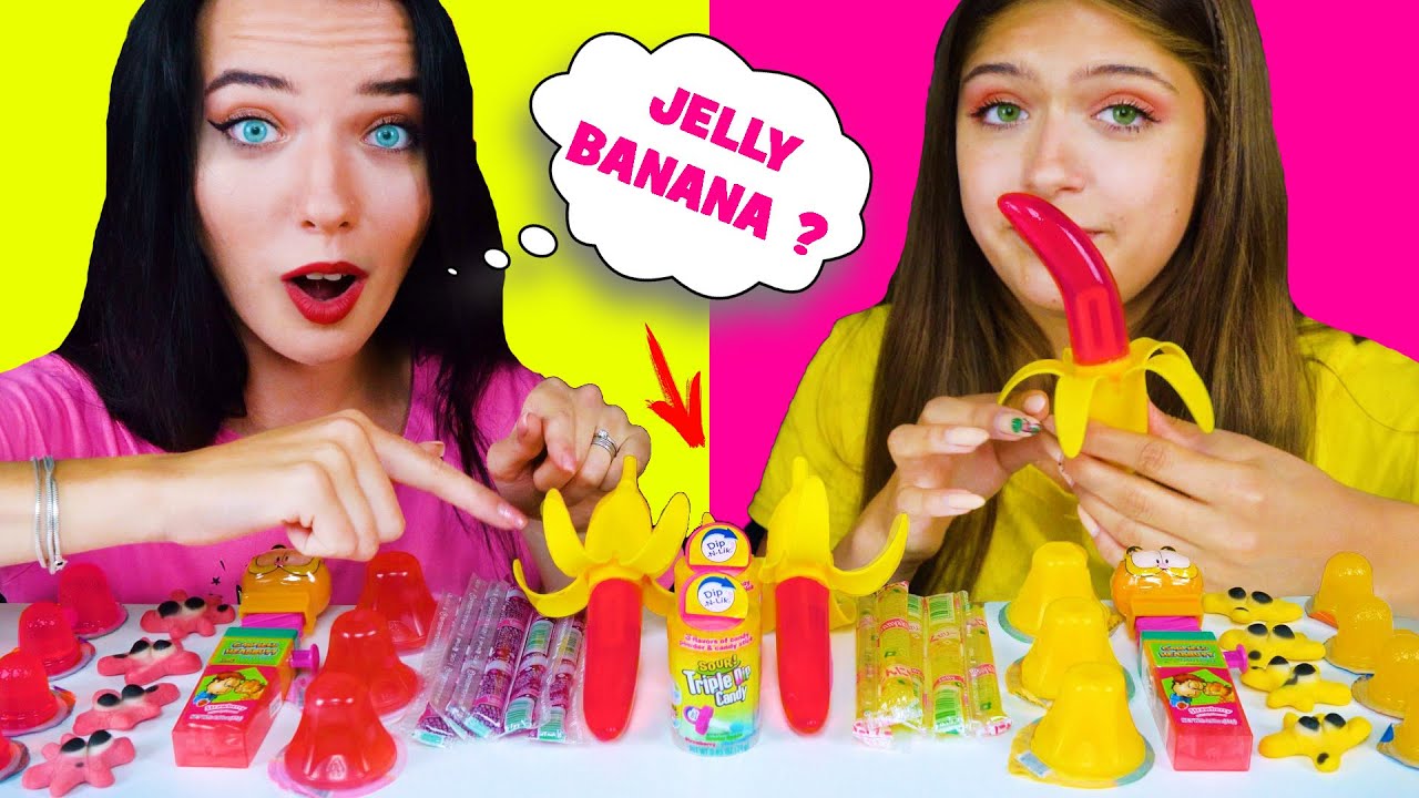 ASMR PINK AND YELLOW FOODS *EDIBLE JELLY BANANA, TRIPLE DIP CANDY ...