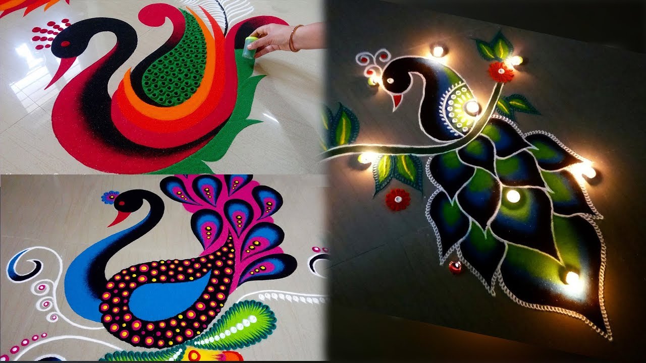3 Beautiful Peacock Rangoli Designs By Menaka - YouTube