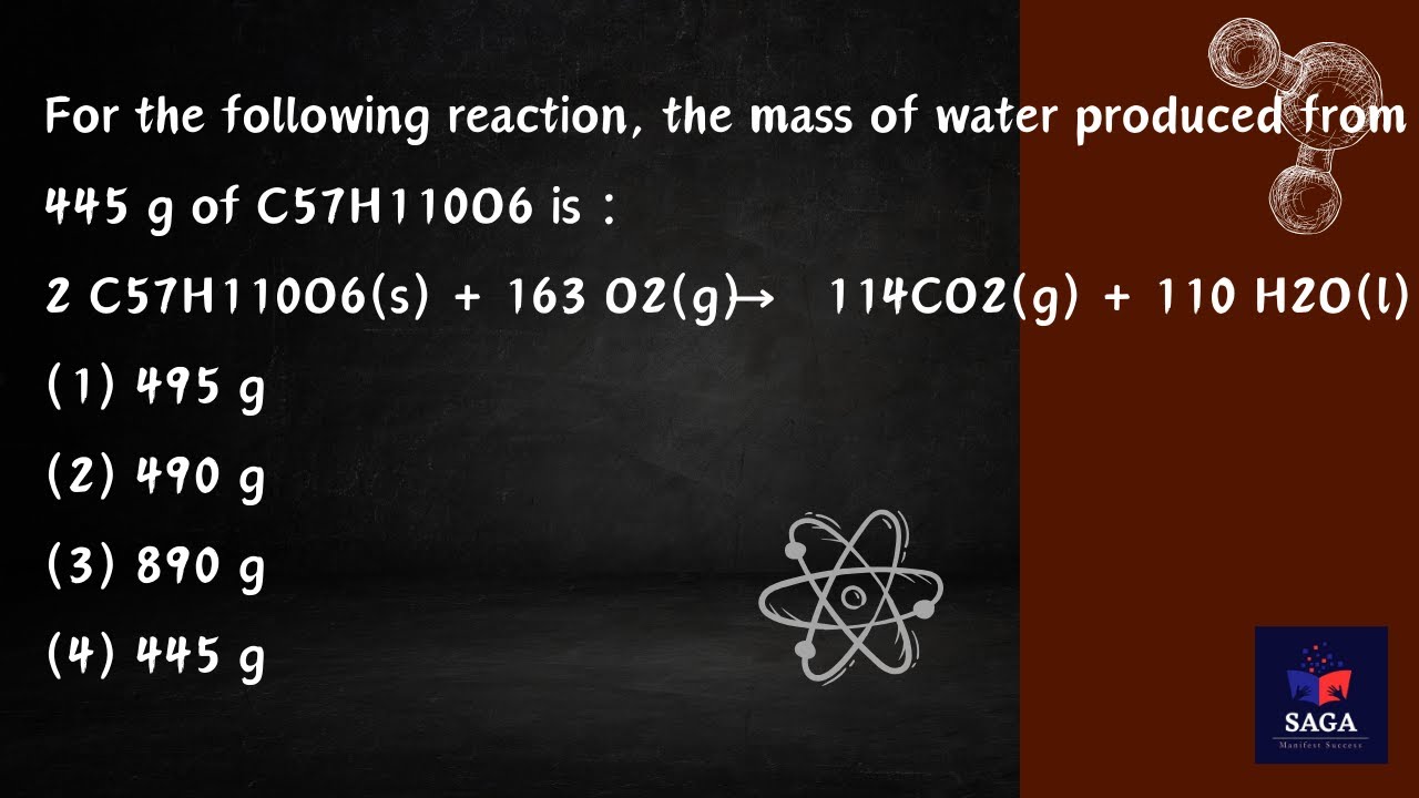 For the following reaction, the mass of water produced from 445 g of ...