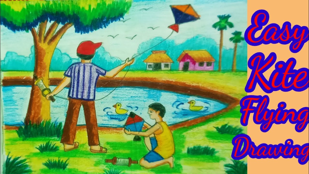 How to draw a kite flying scenery # Kite festival drawing #♥️🙏🙏🙏🙏 - YouTube