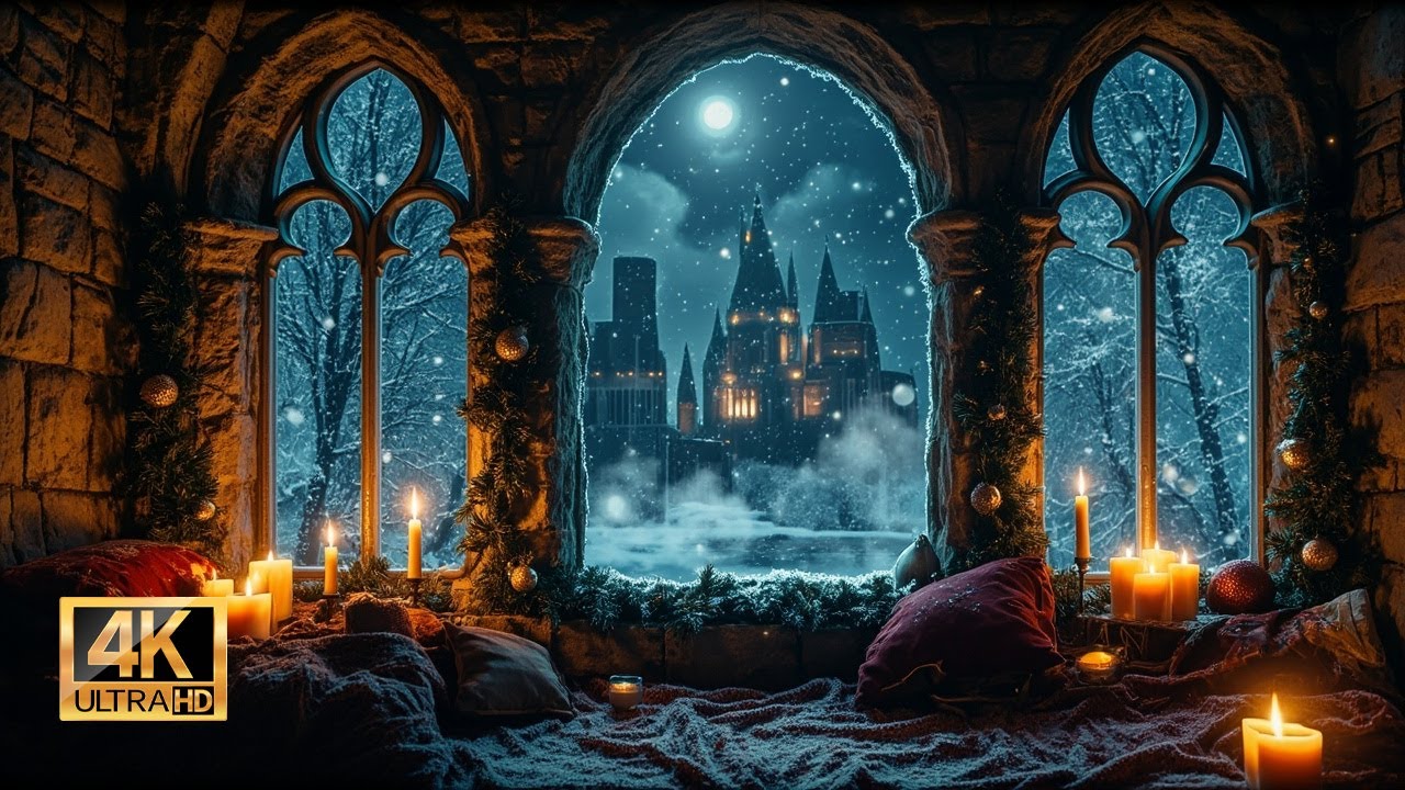 4K Harry Potter Winter Window View - Hogwarts Snow Ambience & Wind ...