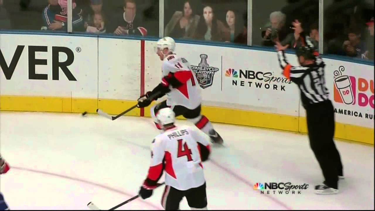Brandon Prust face rake hit on Erik Karlsson. Ottawa Senators vs NY ...