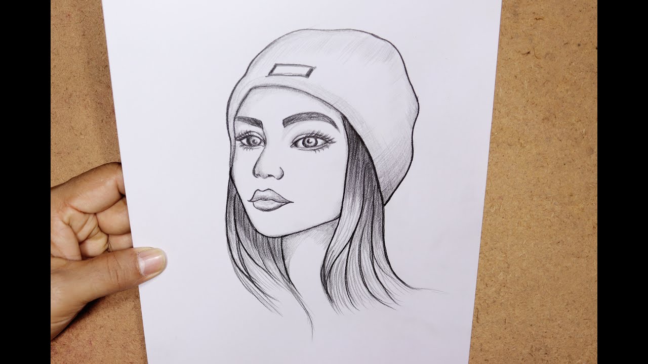 Beautiful Girl easy Drawing with beret | Pencil sketch drawing a girl ...