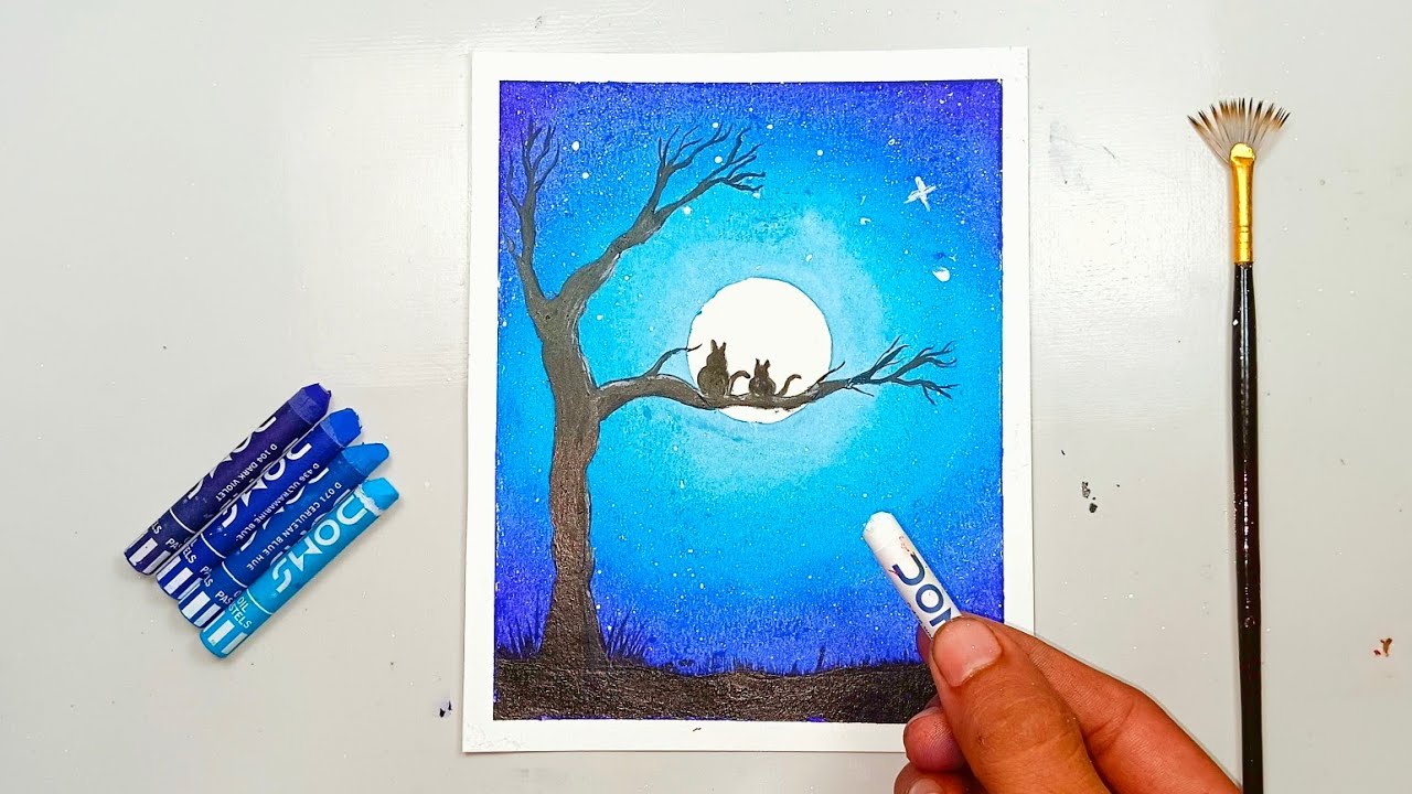 How to Moonlight Scenery Drawing / Full Moon Oil Pastel Drawing For ...