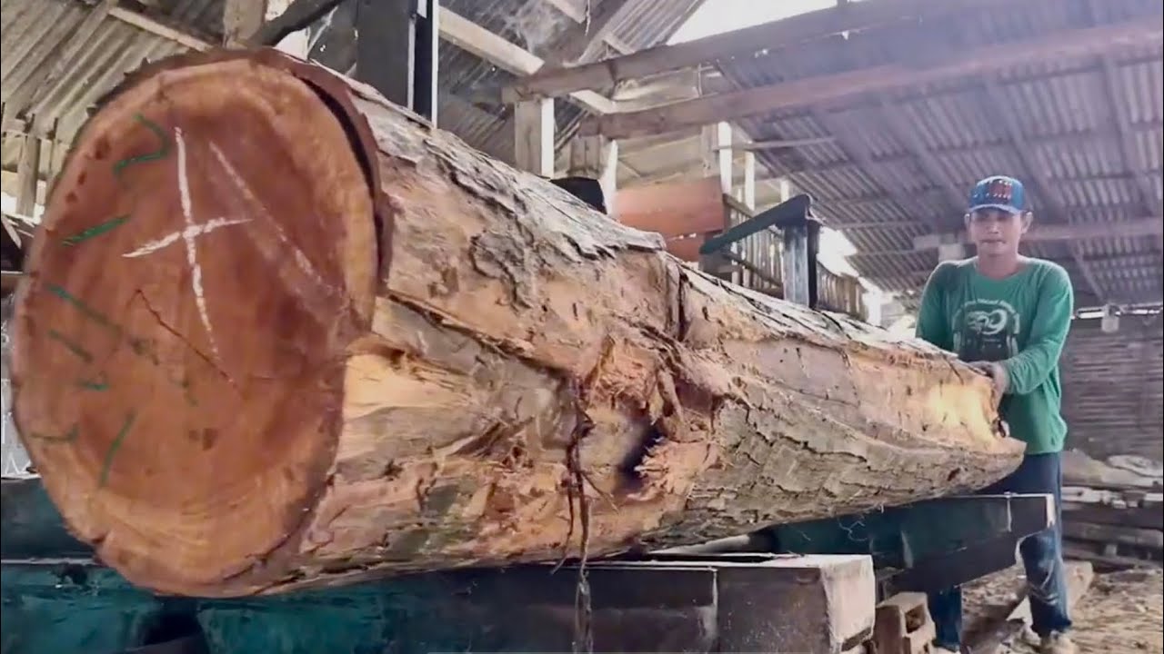 The wood sawing process uses a Benso machine - mahogany wood - YouTube