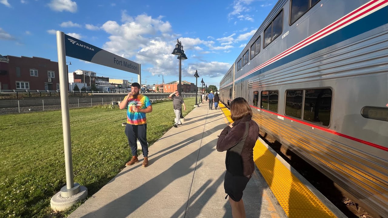 Amtrak train 3, the SOUTHWEST CHIEF westbound, makes its stop at FORT MADISON, Iowa on May 26 ...