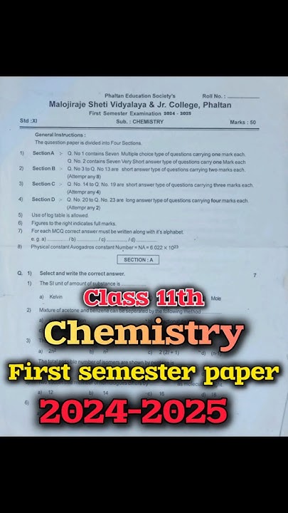 | CLASS 11th CHEMISTRY 1ST SEMESTER EXAM 2024-2025 | 11th Chemistry ...