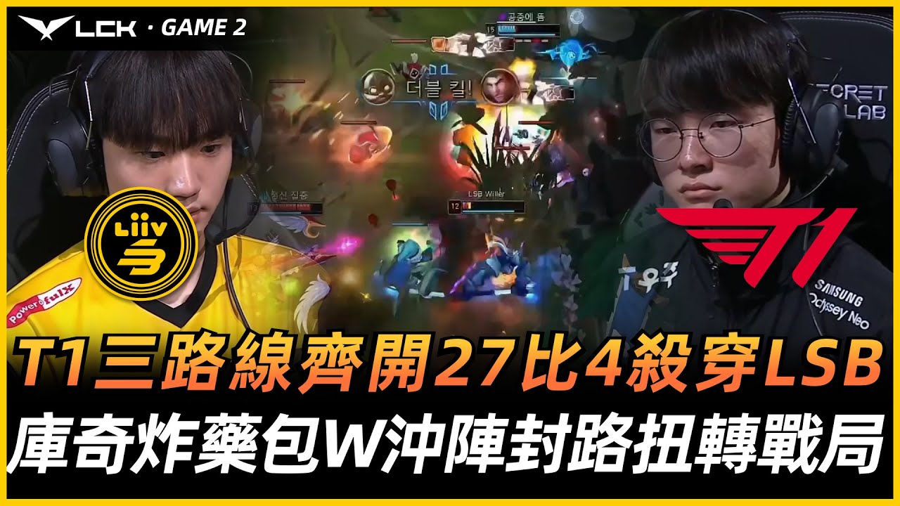 T1 vs LSB | T1三路線齊開27比4殺穿LSB！庫奇炸藥包W沖陣封路扭轉戰局！Game 2 - YouTube