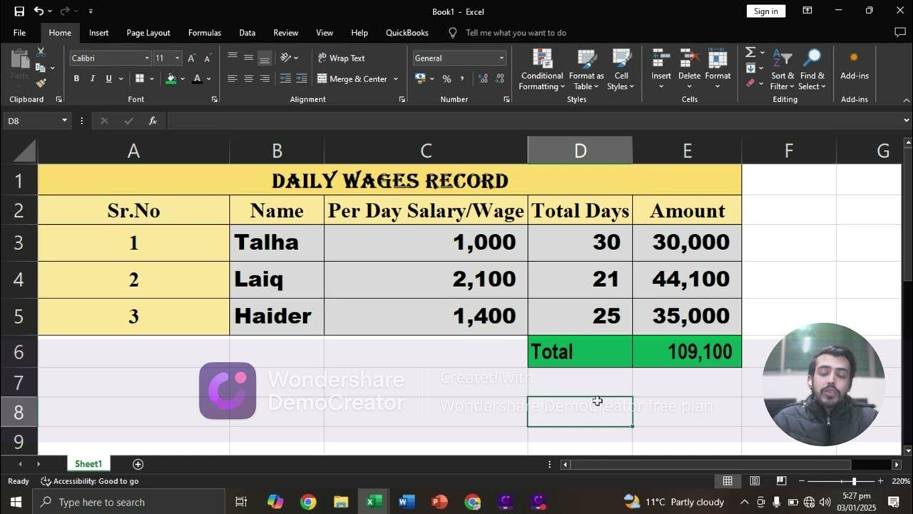 How to calculate Daily Wages Salary Record | Microsoft Excel | MTK 172. - YouTube