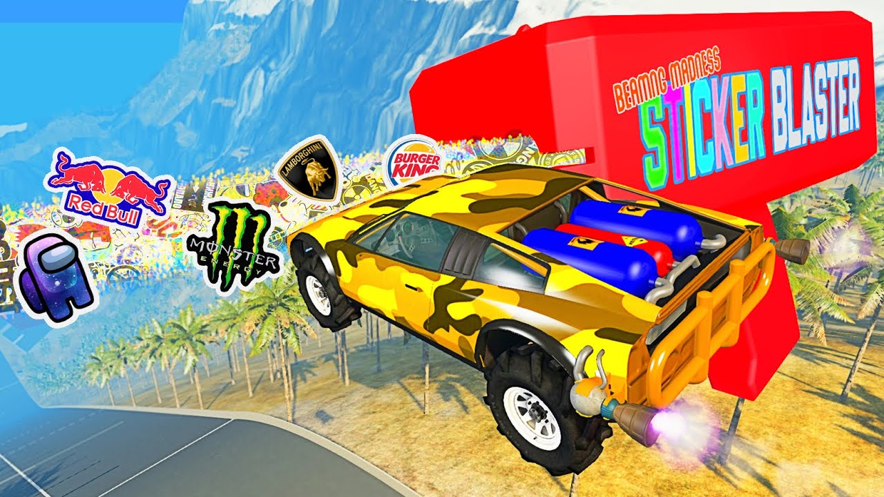 BeamNG.drive - Cars Jumping through Sticker Blaster - YouTube