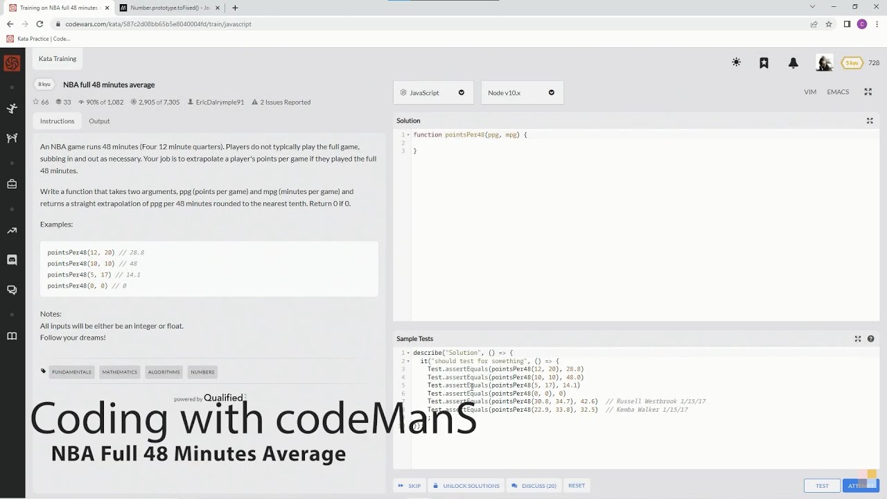 Codewars 8 Kyu Nba Full 48 Minutes Average Javascript Youtube