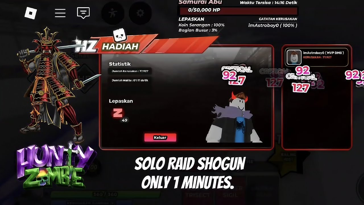 ROBLOX HUNTY ZOMBIE RAID SHOGUN SOLO PLAYER ONLY 1 MINUTES. - YouTube