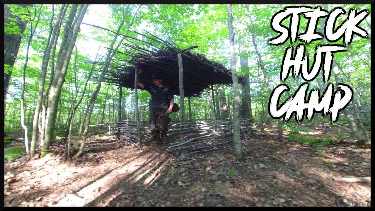 Bushcraft STICK HUT Improvements: Roof Debris, Cook Out, Overnight Camp ...