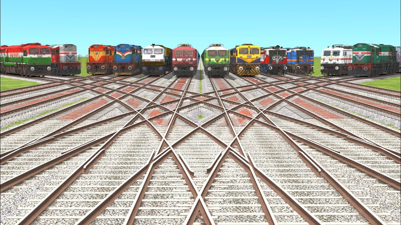 12 TRAIN CROSSING WITH TRI COLOR UTKRIST EXPRESS ON BIG CURVED BRANCHED ...