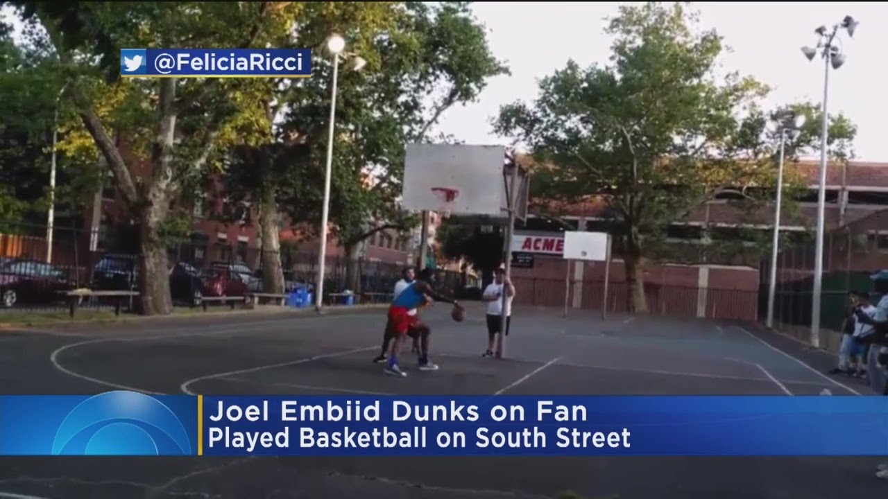 Sixers' Joel Embiid Dunks On Random Guy At Philadelphia Court - YouTube