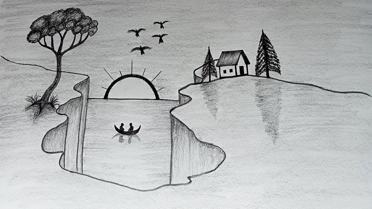 Landscape scenery drawing for beginners || How to draw landscape nature ...