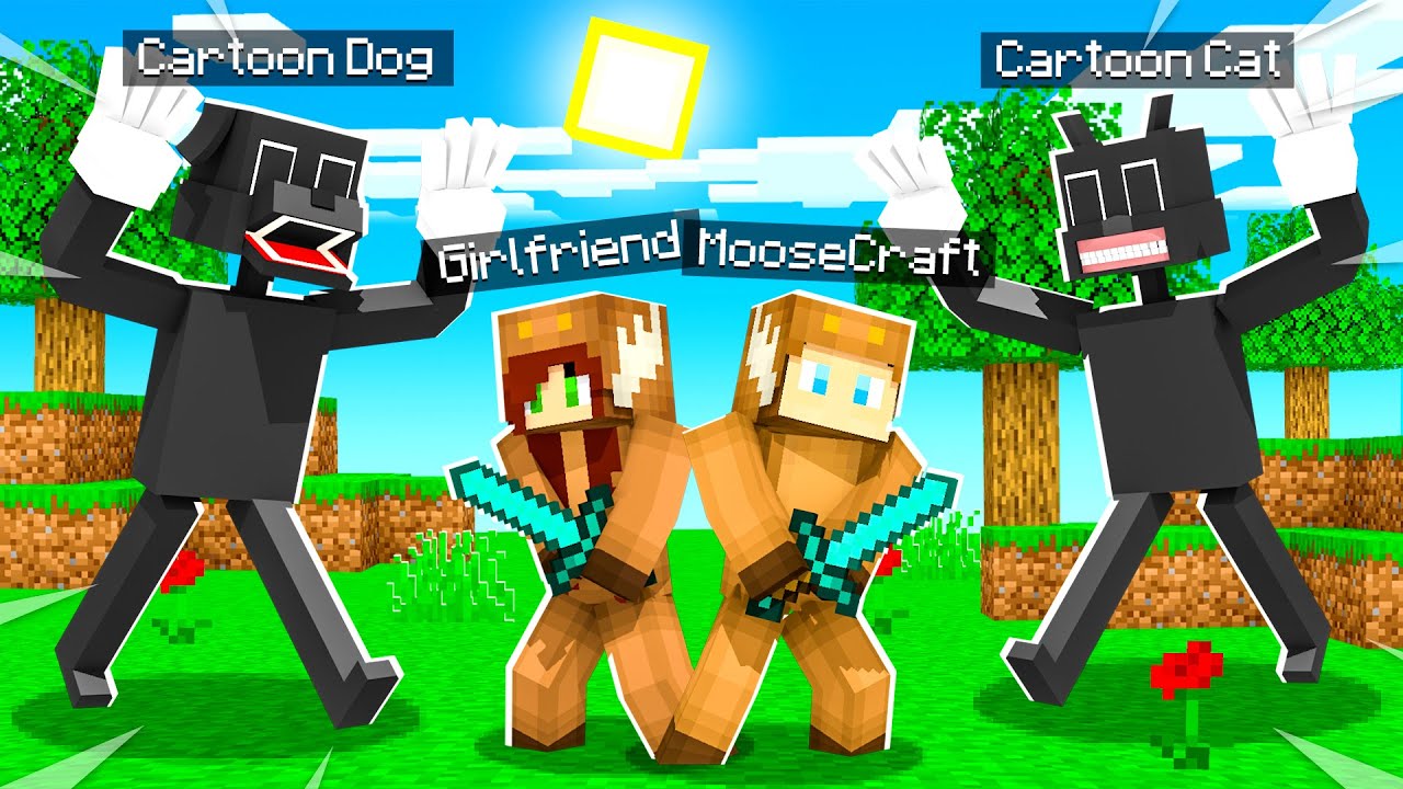 SURVIVING CARTOON CAT and CARTOON DOG with my GIRLFRIEND! (Minecraft ...